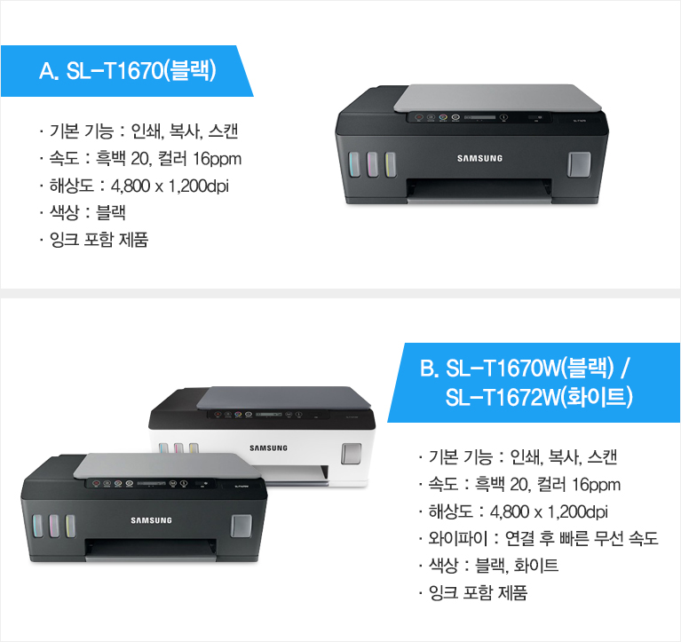 삼성전자 잉크젯 플러스S 복합기 SL-T1670 / SL-T1670W / SL-T1672W,분당 최대 20매 출력의 빠른 인쇄 & 컴팩트한 디자인